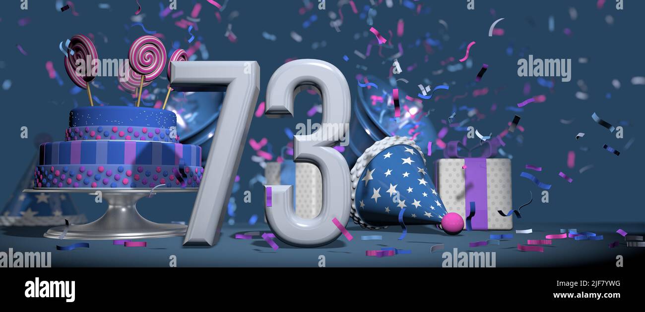 Foreground solid white number 73, birthday cake adorned with candy ...