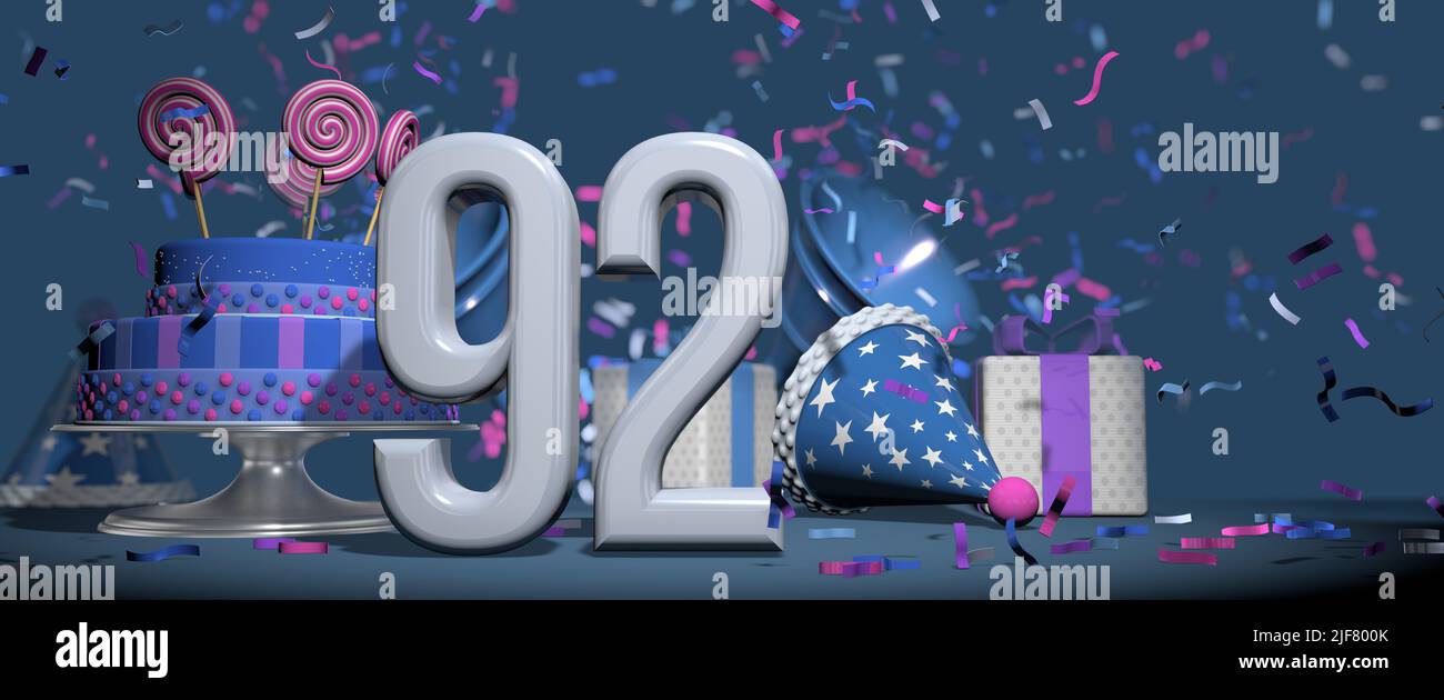 Foreground solid white number 92, birthday cake adorned with candy ...