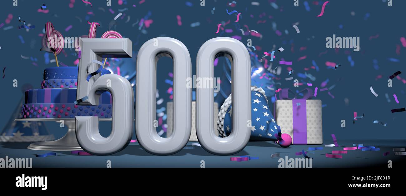 Foreground solid white number 500, birthday cake adorned with candy ...