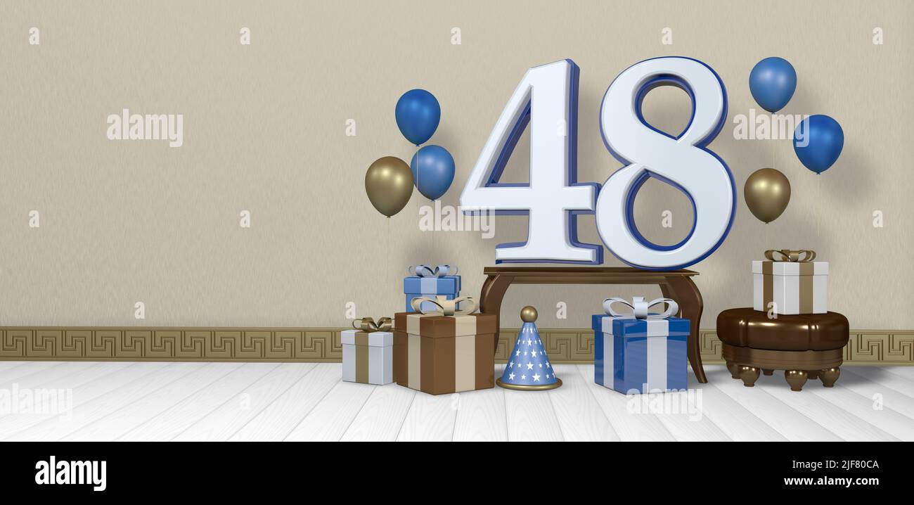 White number 48 with blue border on wooden table surrounded by bright ...