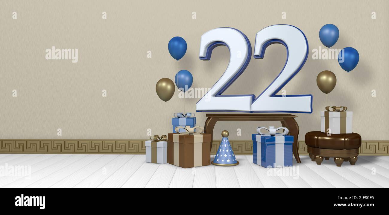 White number 22 with blue border on wooden table surrounded by bright ...