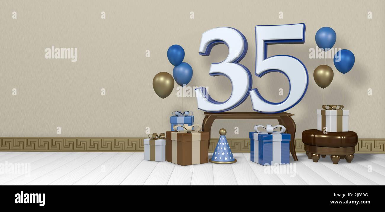 White number 35 with blue border on wooden table surrounded by bright ...