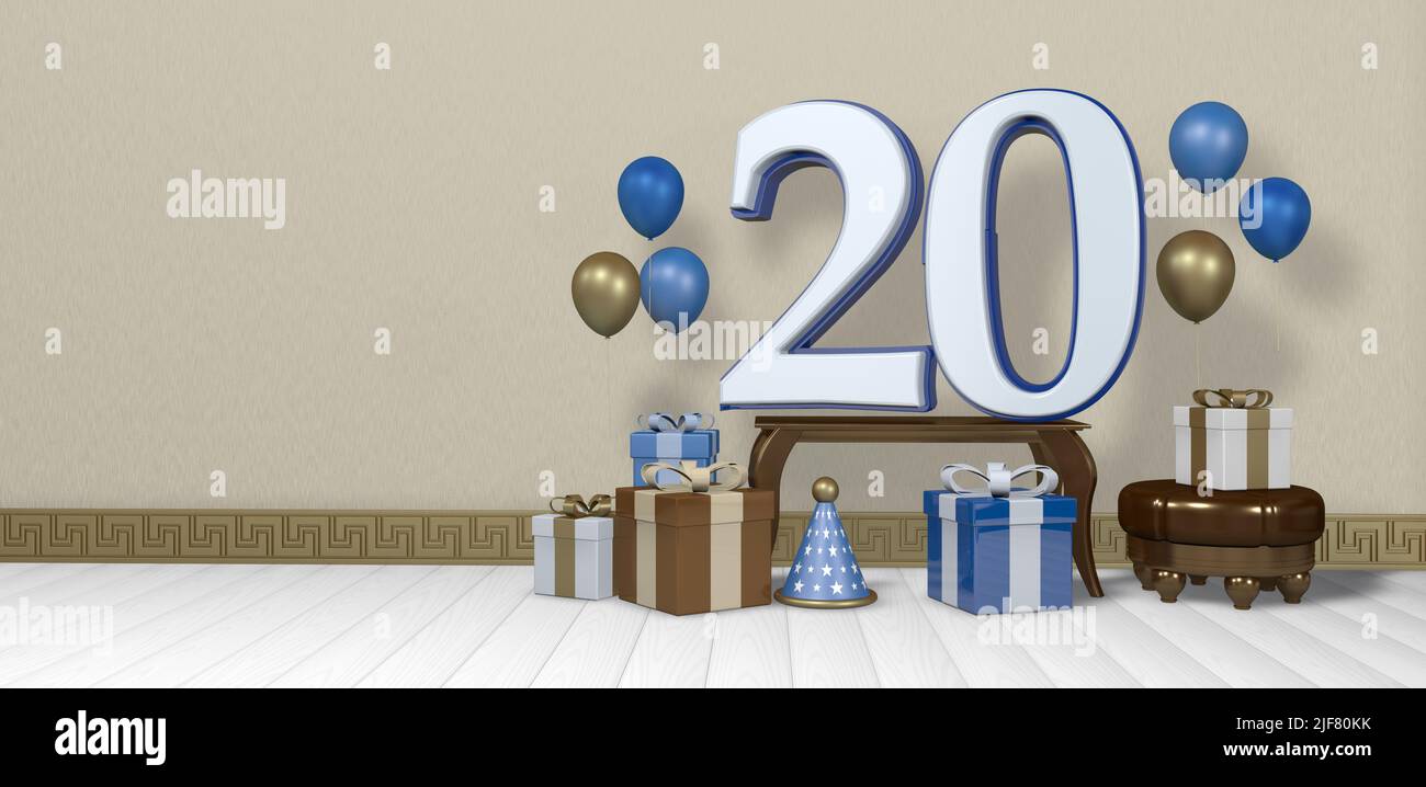 White number 20 with blue border on wooden table surrounded by bright ...