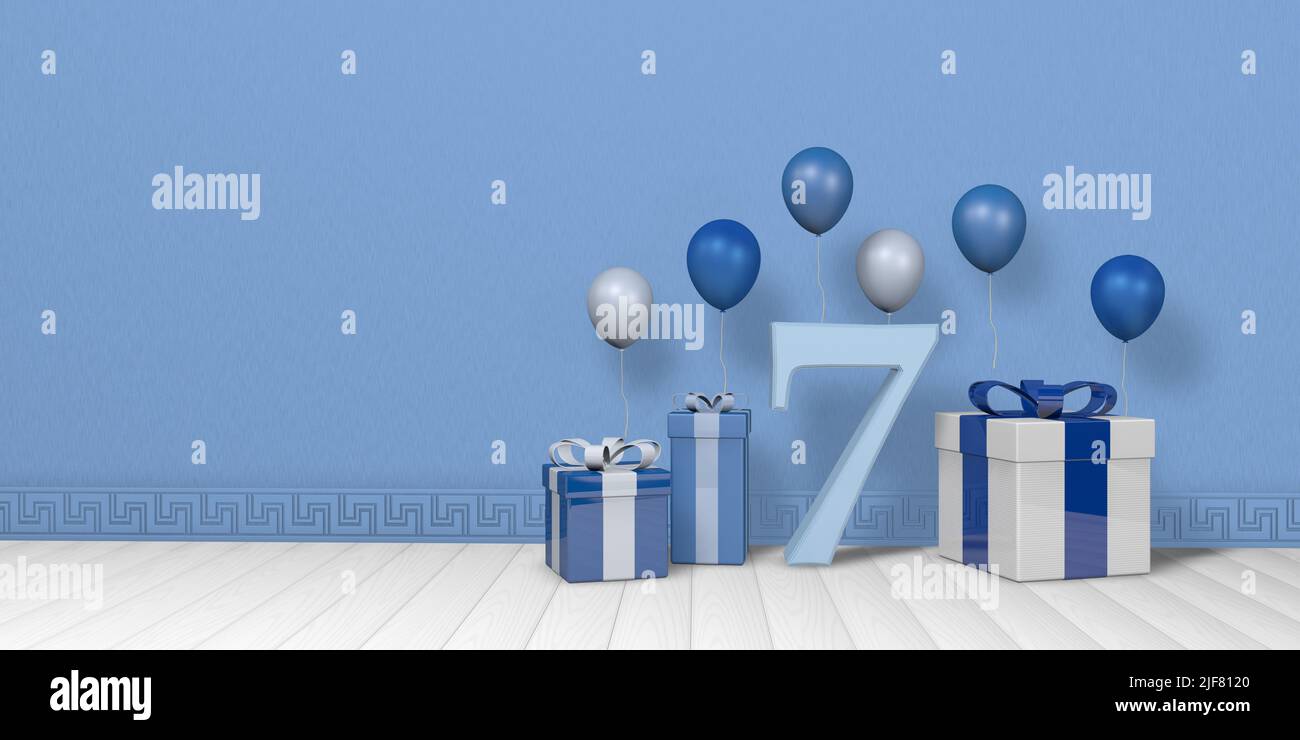 Light blue number 7 among bright blue and white gift boxes adorned with ...