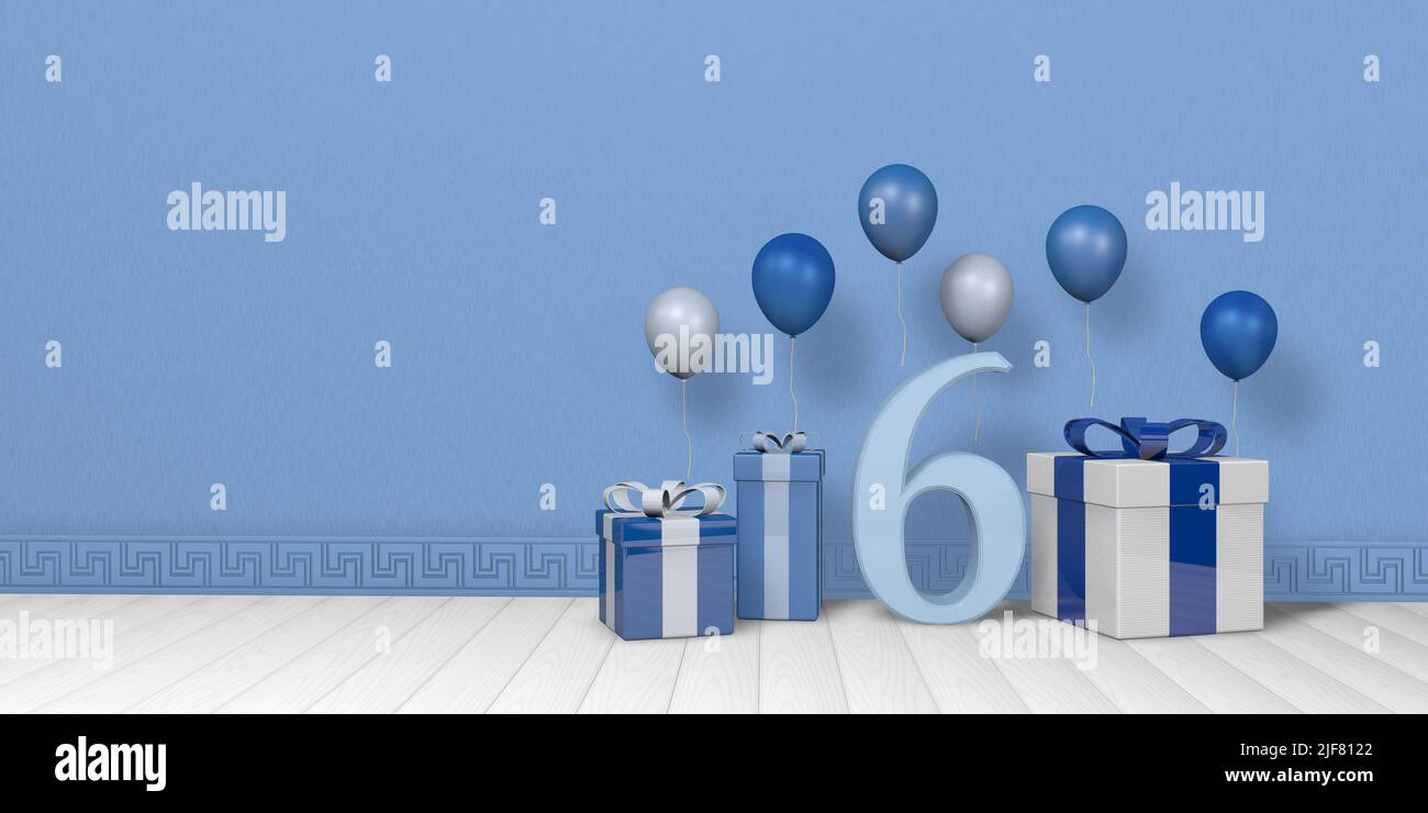 Light blue number 6 among bright blue and white gift boxes adorned with ...