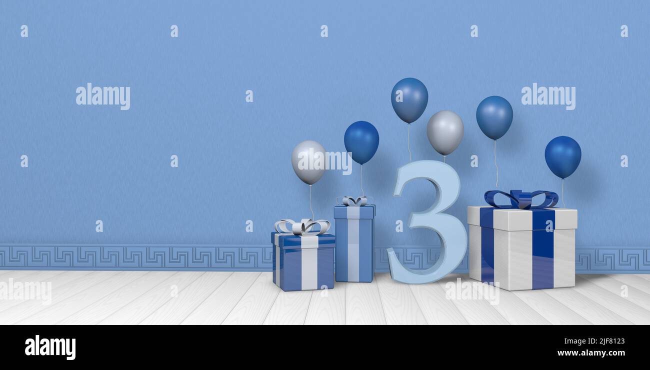 Light blue number 3 among bright blue and white gift boxes adorned with ...