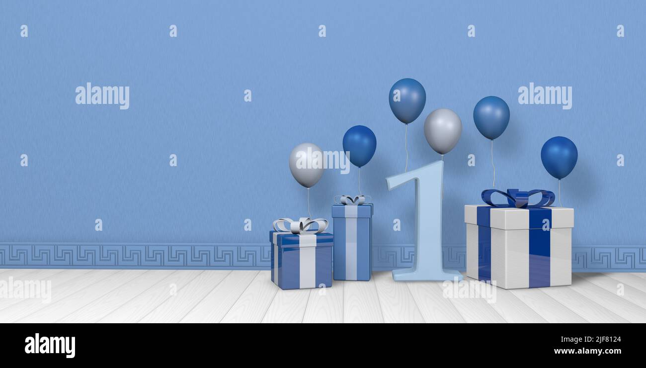 Light blue number 1 among bright blue and white gift boxes adorned with ...