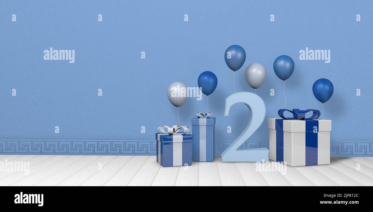 Light blue number 2 among bright blue and white gift boxes adorned with ...