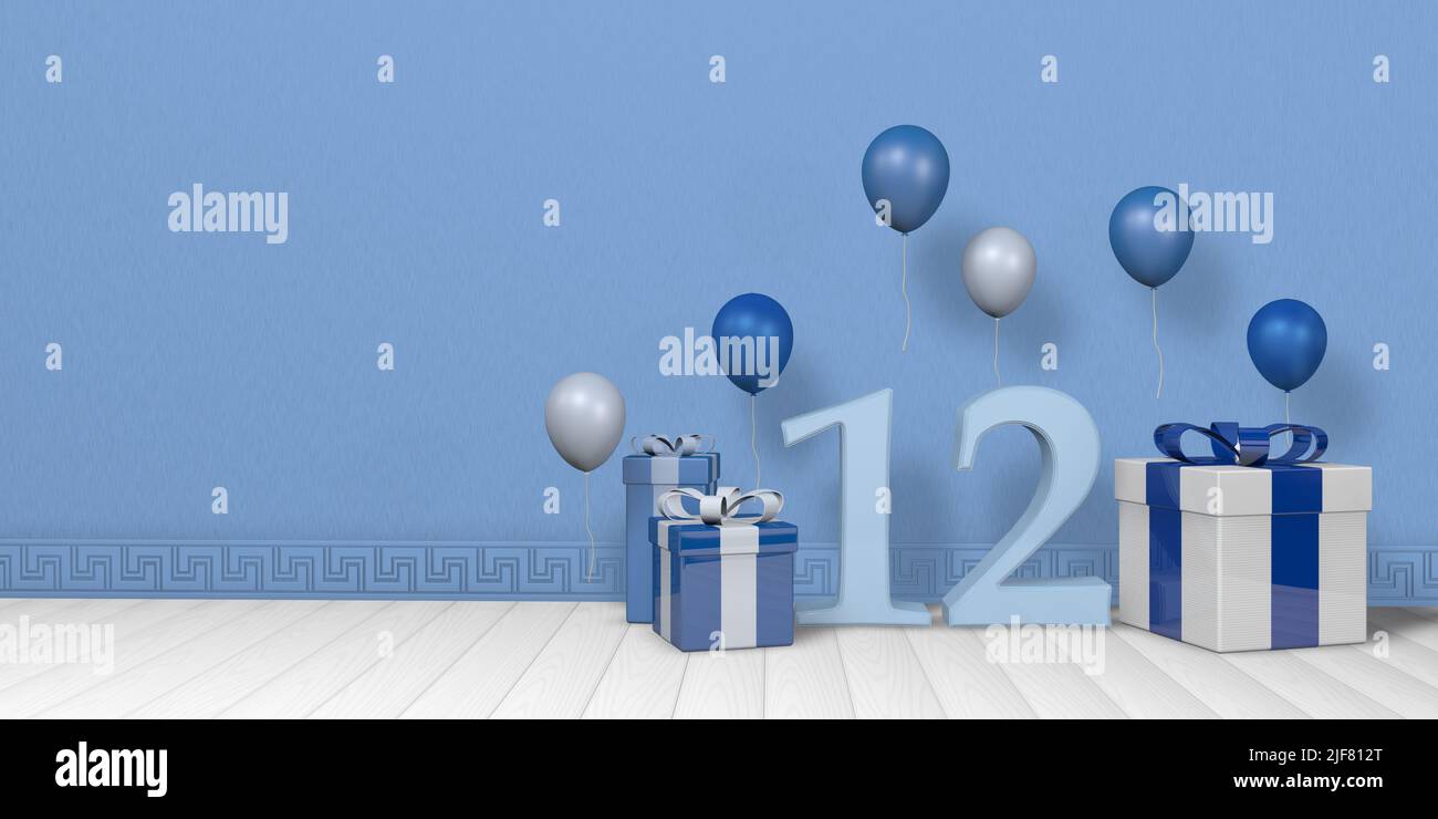 Light blue number 12 among bright blue and white gift boxes adorned ...
