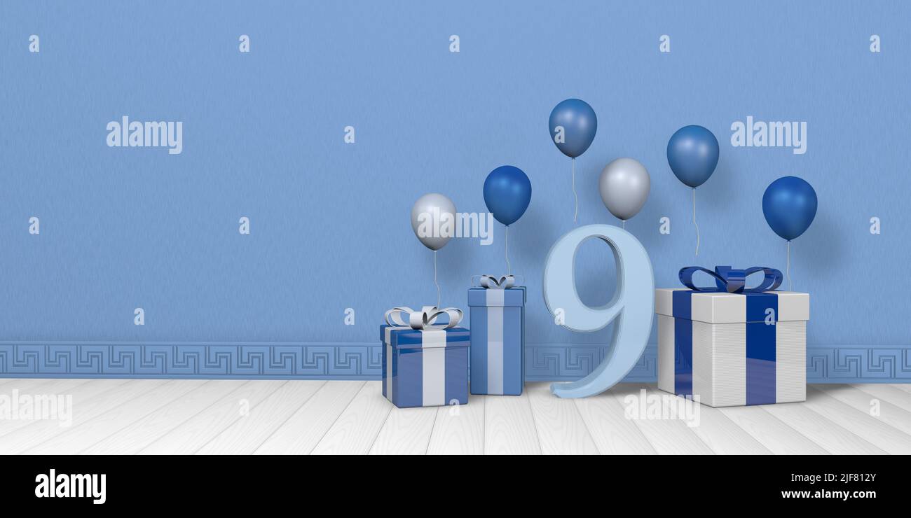 Light blue number 9 among bright blue and white gift boxes adorned with ...