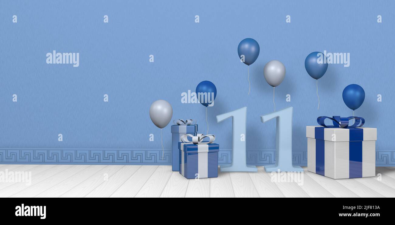 Light blue number 11 among bright blue and white gift boxes adorned ...