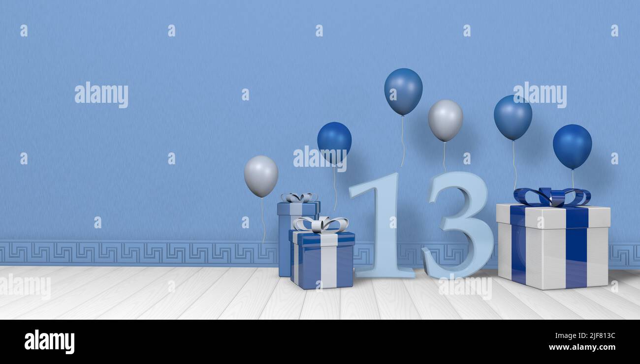 Light blue number 13 among bright blue and white gift boxes adorned ...