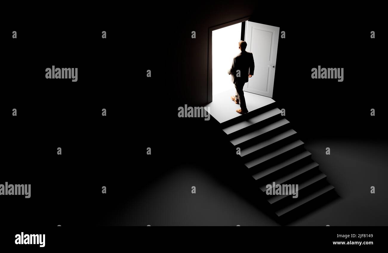 Silhouette of a man standing in front of an open door. 3d render Stock ...