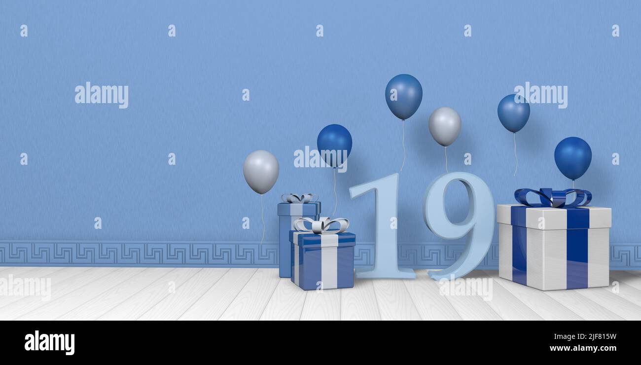 Light blue number 19 among bright blue and white gift boxes adorned ...