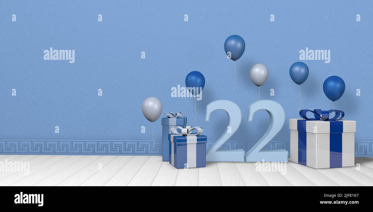 Light blue number 22 among bright blue and white gift boxes adorned ...