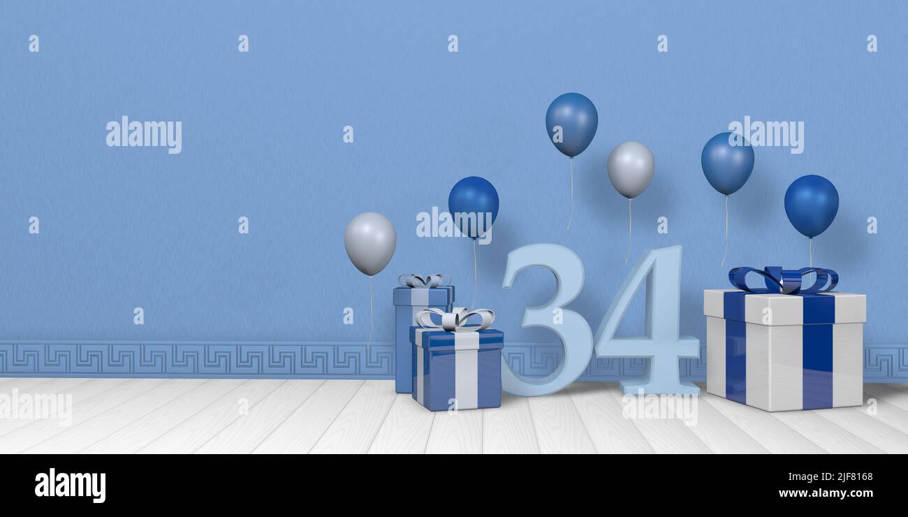 Light blue number 34 among bright blue and white gift boxes adorned ...