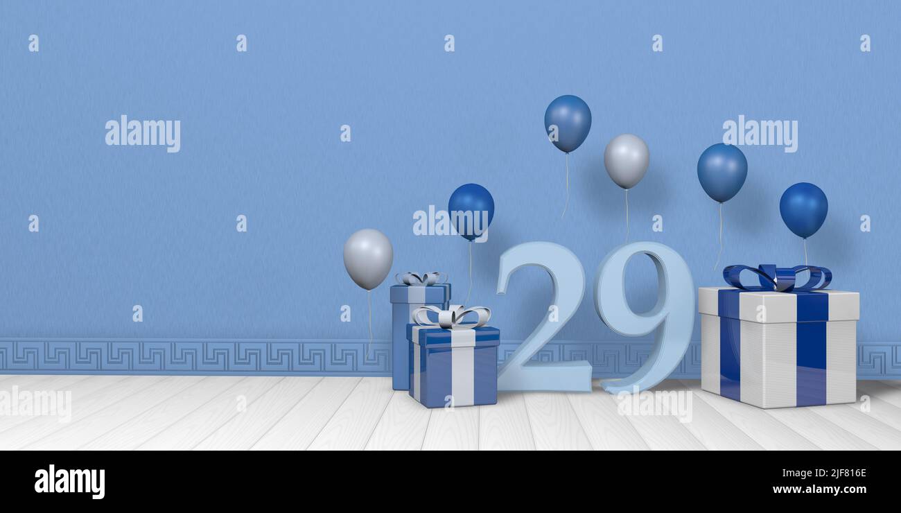 Light blue number 29 among bright blue and white gift boxes adorned ...
