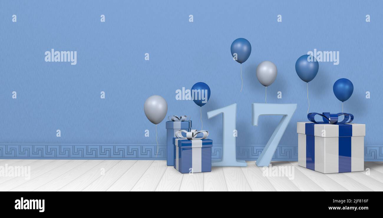 Light blue number 17 among bright blue and white gift boxes adorned ...