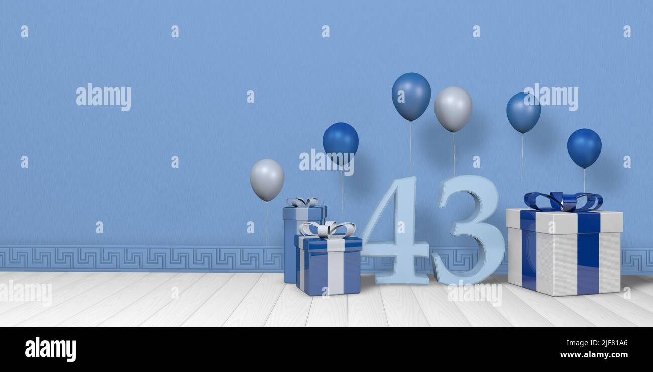 Light blue number 43 among bright blue and white gift boxes adorned ...
