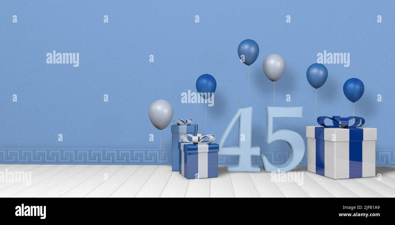 Light blue number 45 among bright blue and white gift boxes adorned ...