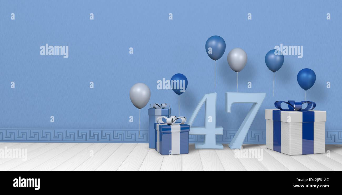 Light blue number 47 among bright blue and white gift boxes adorned ...