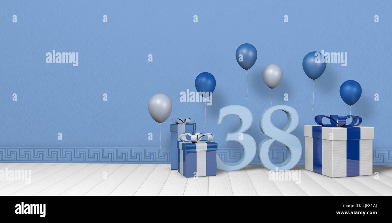 Light blue number 38 among bright blue and white gift boxes adorned ...