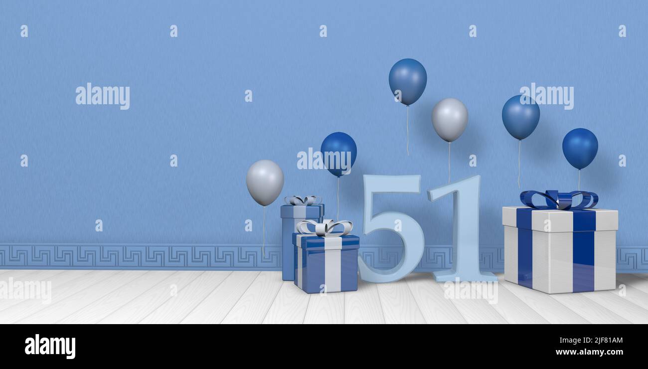 Light blue number 51 among bright blue and white gift boxes adorned ...