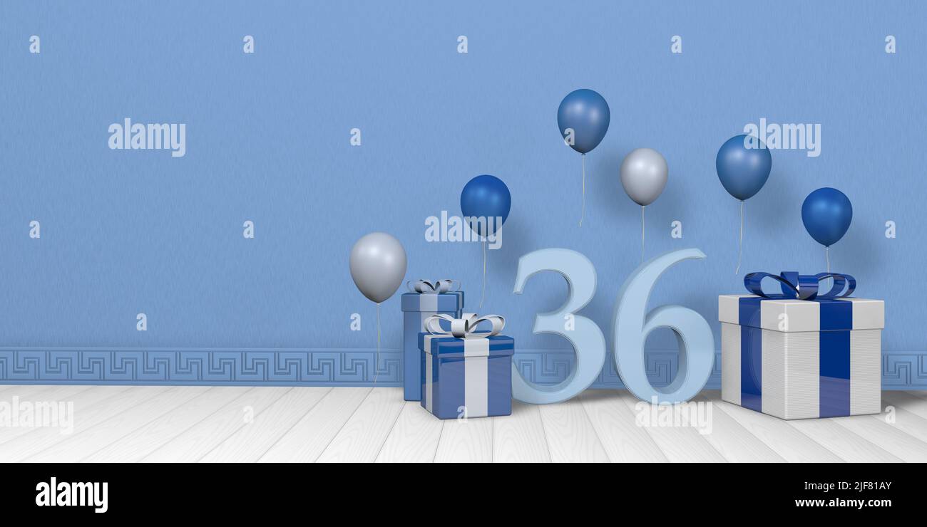 Light blue number 36 among bright blue and white gift boxes adorned ...