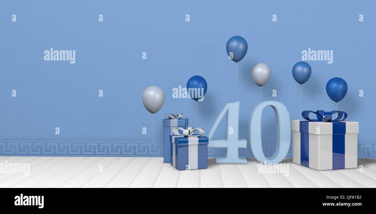 Light blue number 40 among bright blue and white gift boxes adorned ...