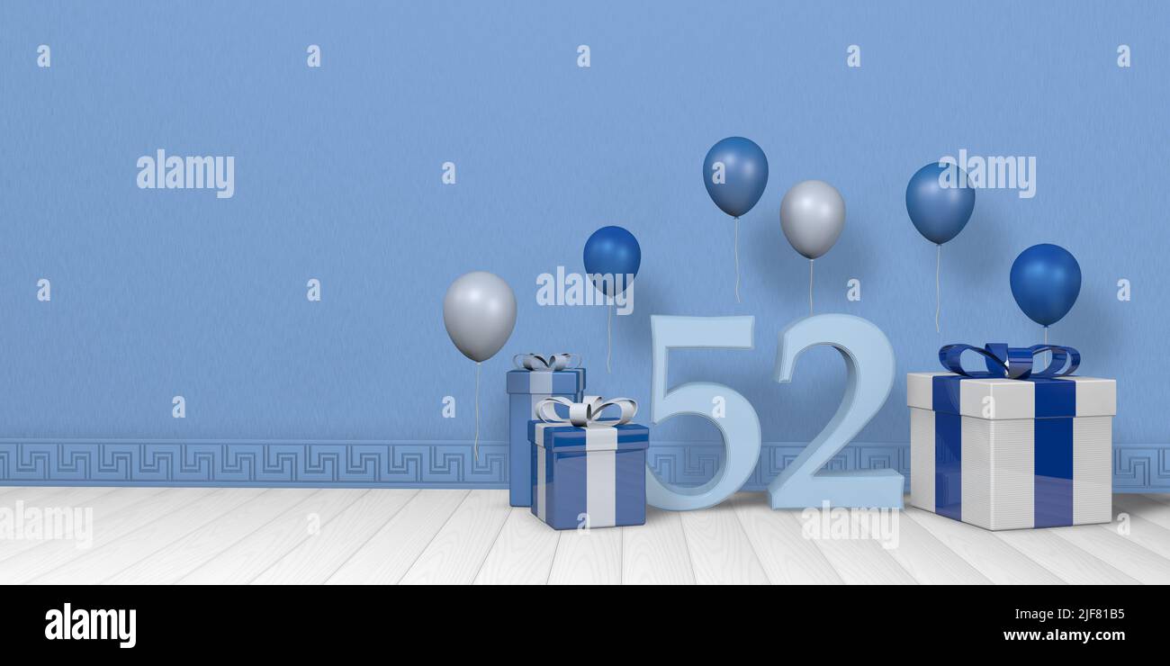 Light blue number 52 among bright blue and white gift boxes adorned ...