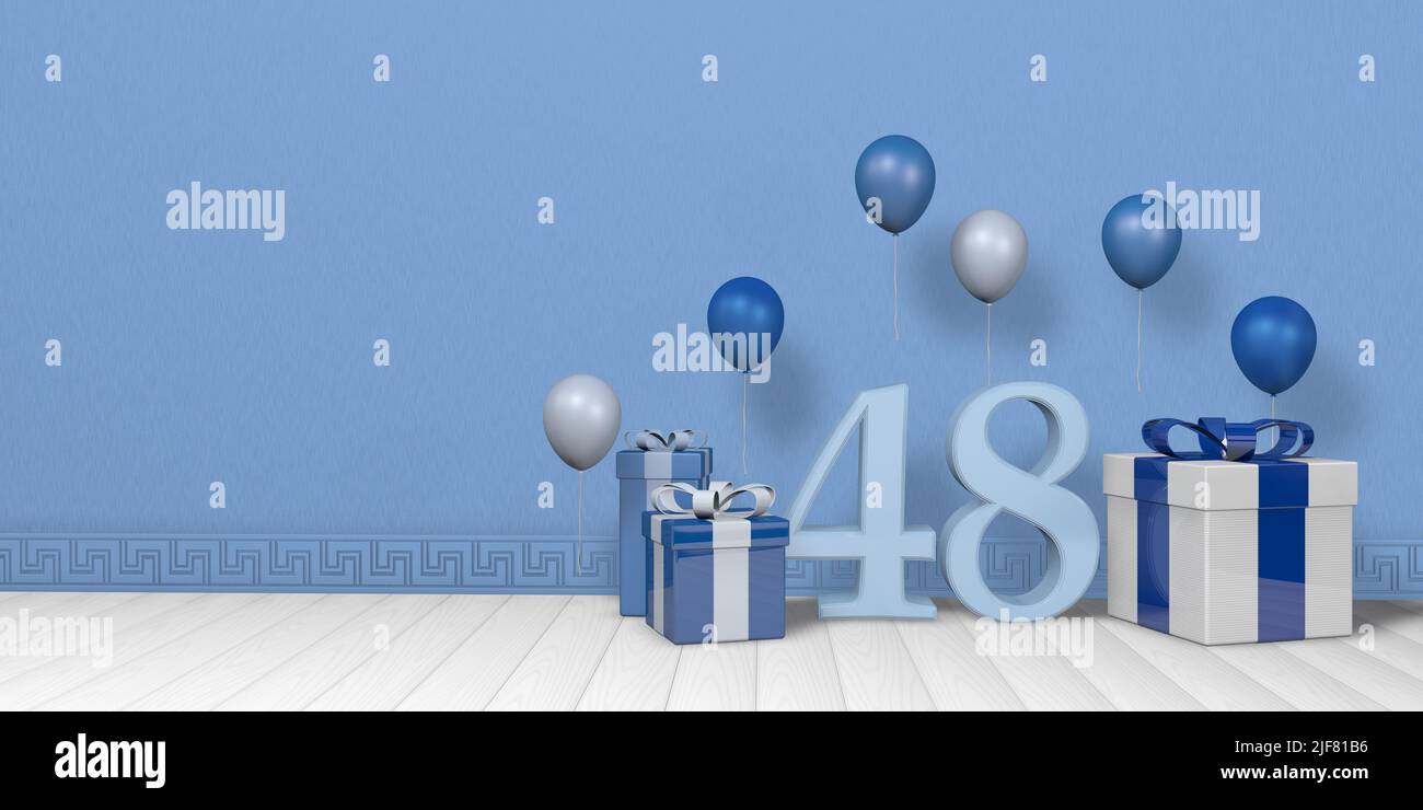 Light blue number 48 among bright blue and white gift boxes adorned ...