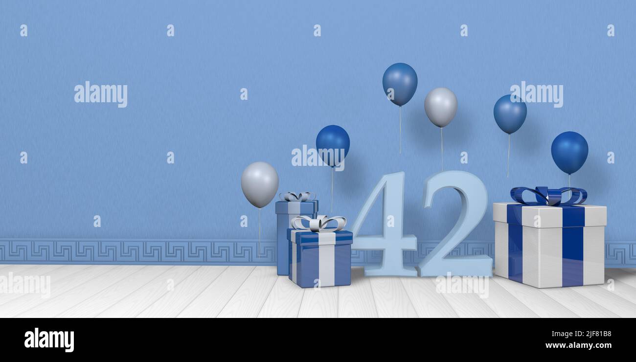 Light blue number 42 among bright blue and white gift boxes adorned ...