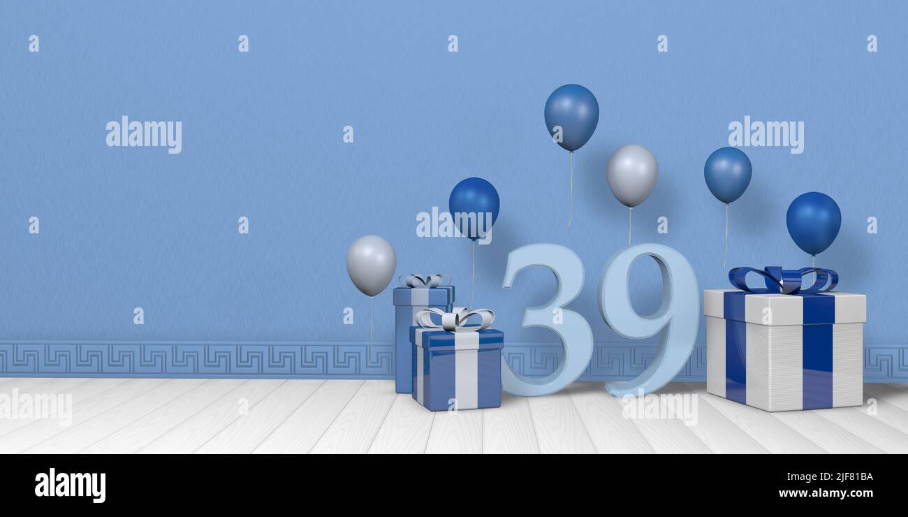 Light blue number 39 among bright blue and white gift boxes adorned ...