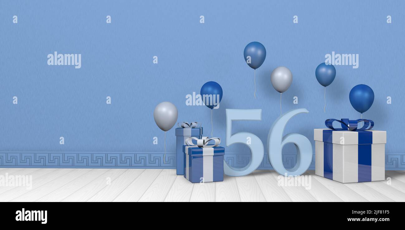 Light blue number 56 among bright blue and white gift boxes adorned ...
