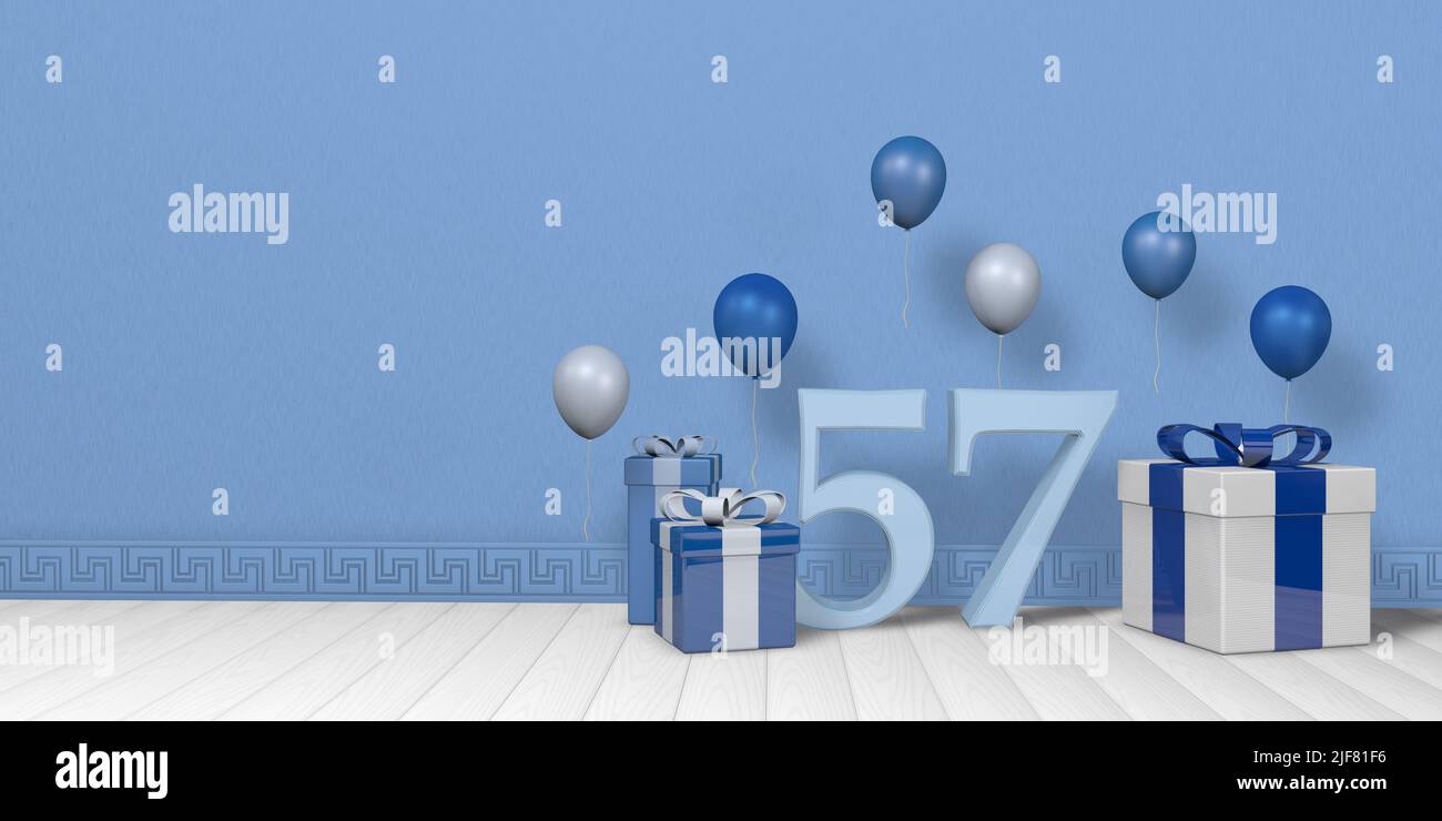Light blue number 57 among bright blue and white gift boxes adorned ...