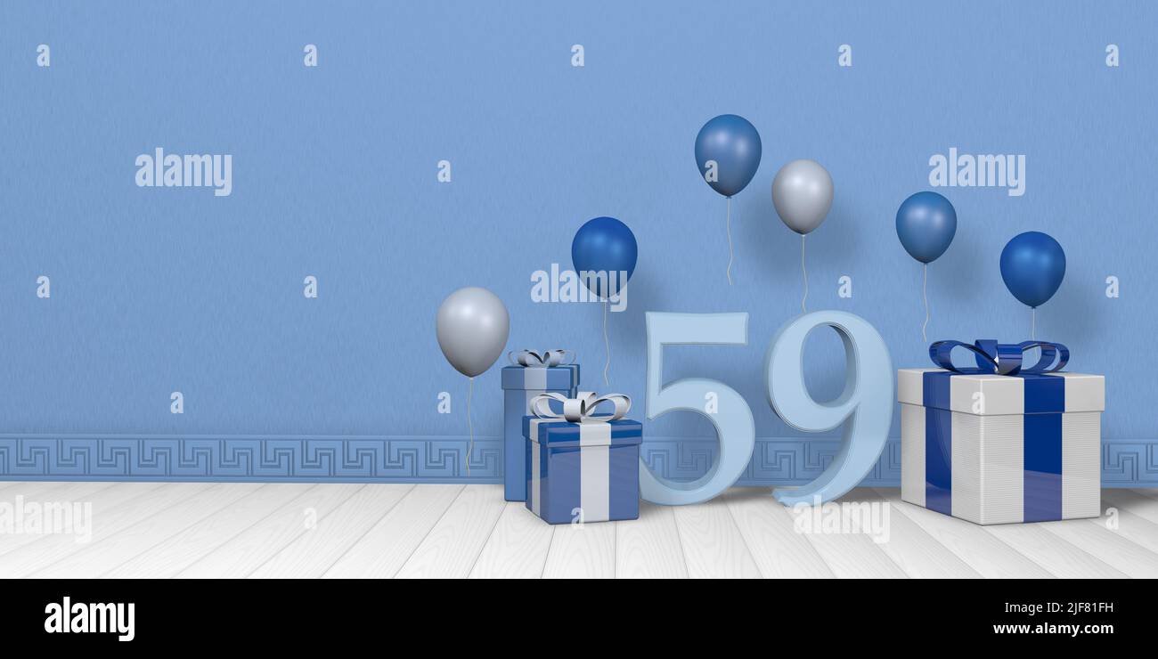 Light blue number 59 among bright blue and white gift boxes adorned ...