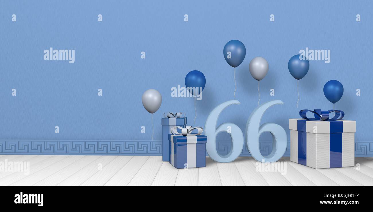 Light blue number 66 among bright blue and white gift boxes adorned ...