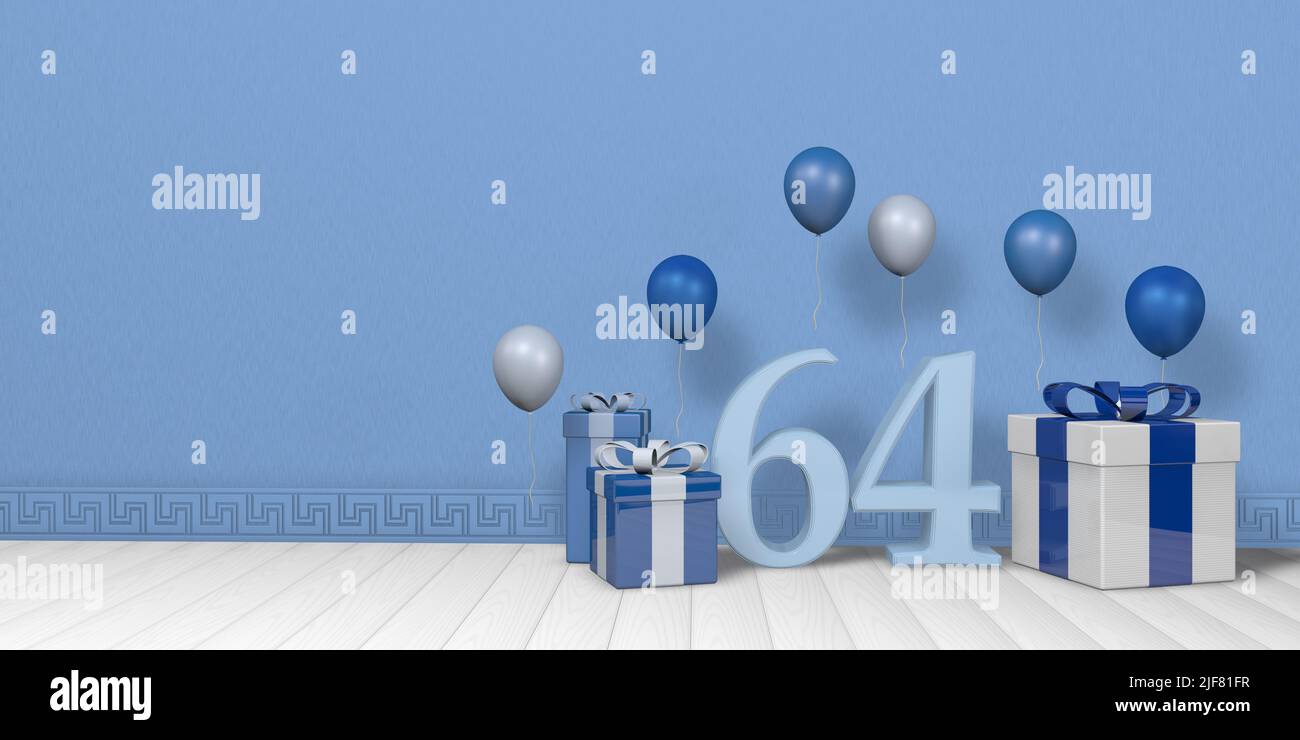 Light blue number 64 among bright blue and white gift boxes adorned ...