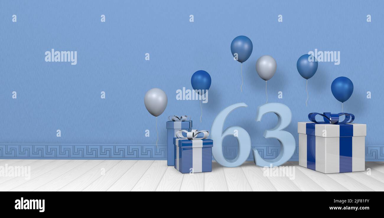 Light blue number 63 among bright blue and white gift boxes adorned ...