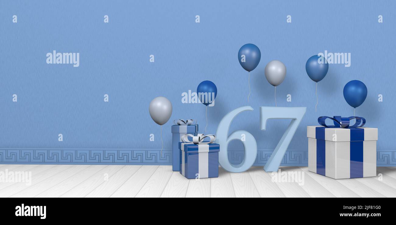 Light blue number 67 among bright blue and white gift boxes adorned ...