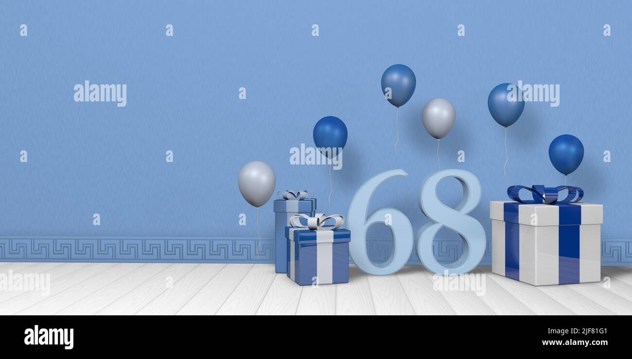 Light blue number 68 among bright blue and white gift boxes adorned ...