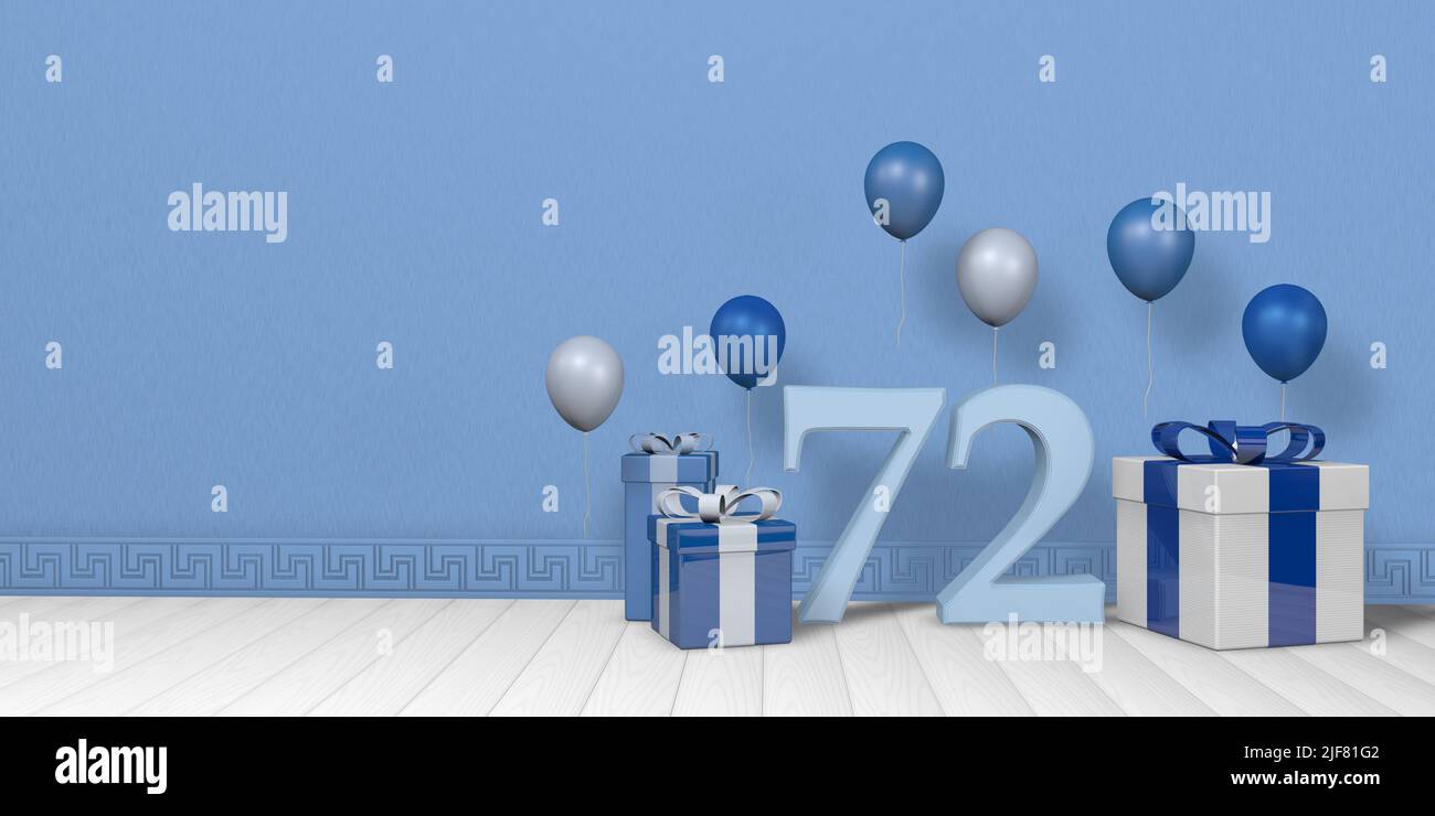 Light blue number 72 among bright blue and white gift boxes adorned ...