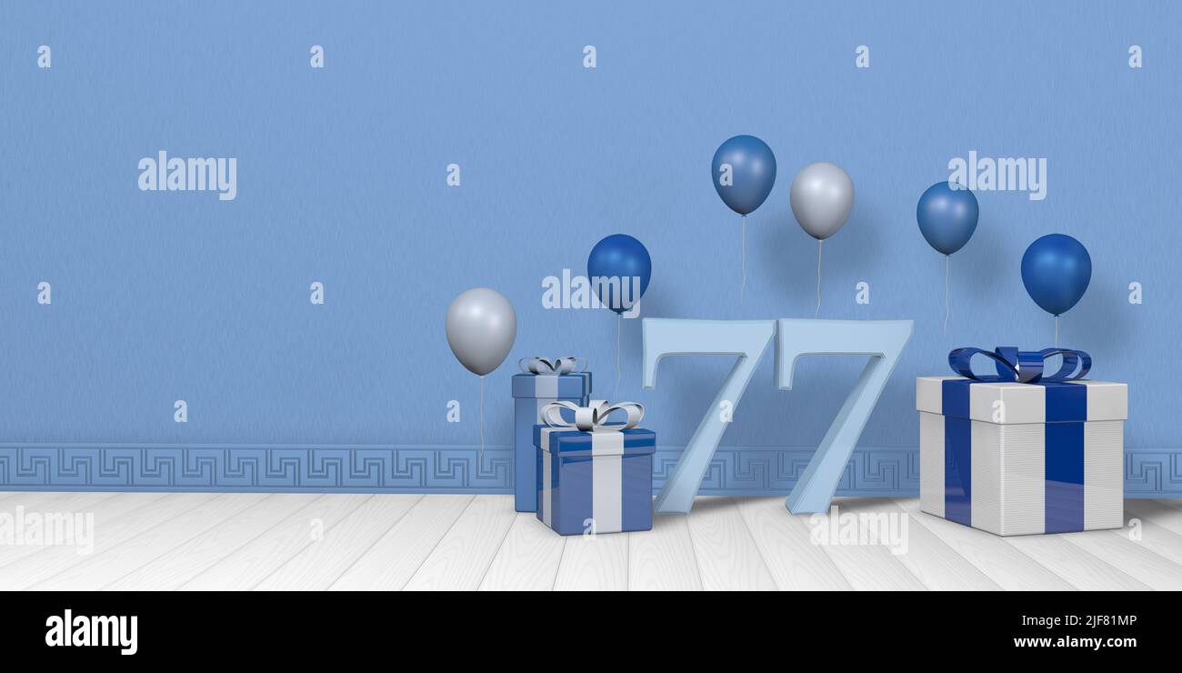 Light blue number 77 among bright blue and white gift boxes adorned ...