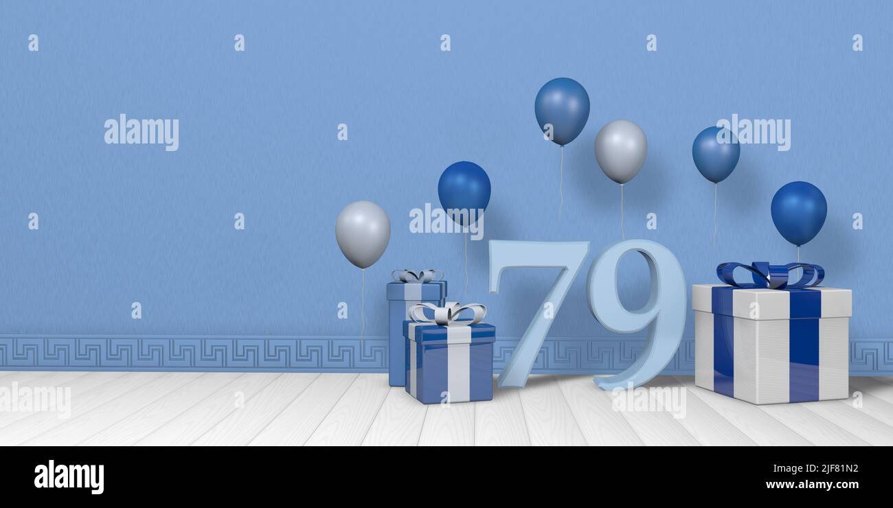 Light blue number 79 among bright blue and white gift boxes adorned ...