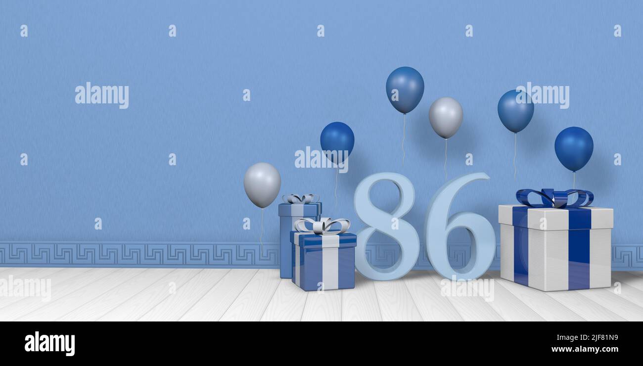 Light blue number 86 among bright blue and white gift boxes adorned ...