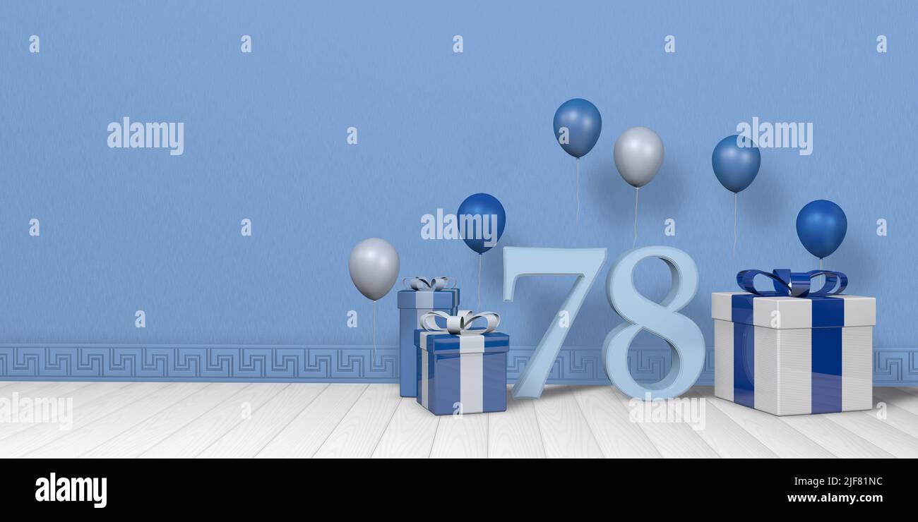 Light blue number 78 among bright blue and white gift boxes adorned ...