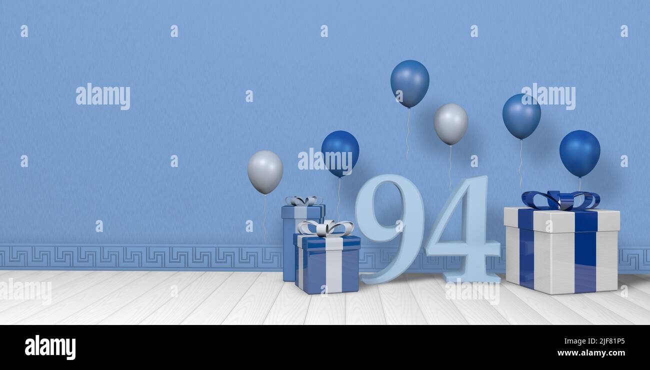 Light blue number 94 among bright blue and white gift boxes adorned ...