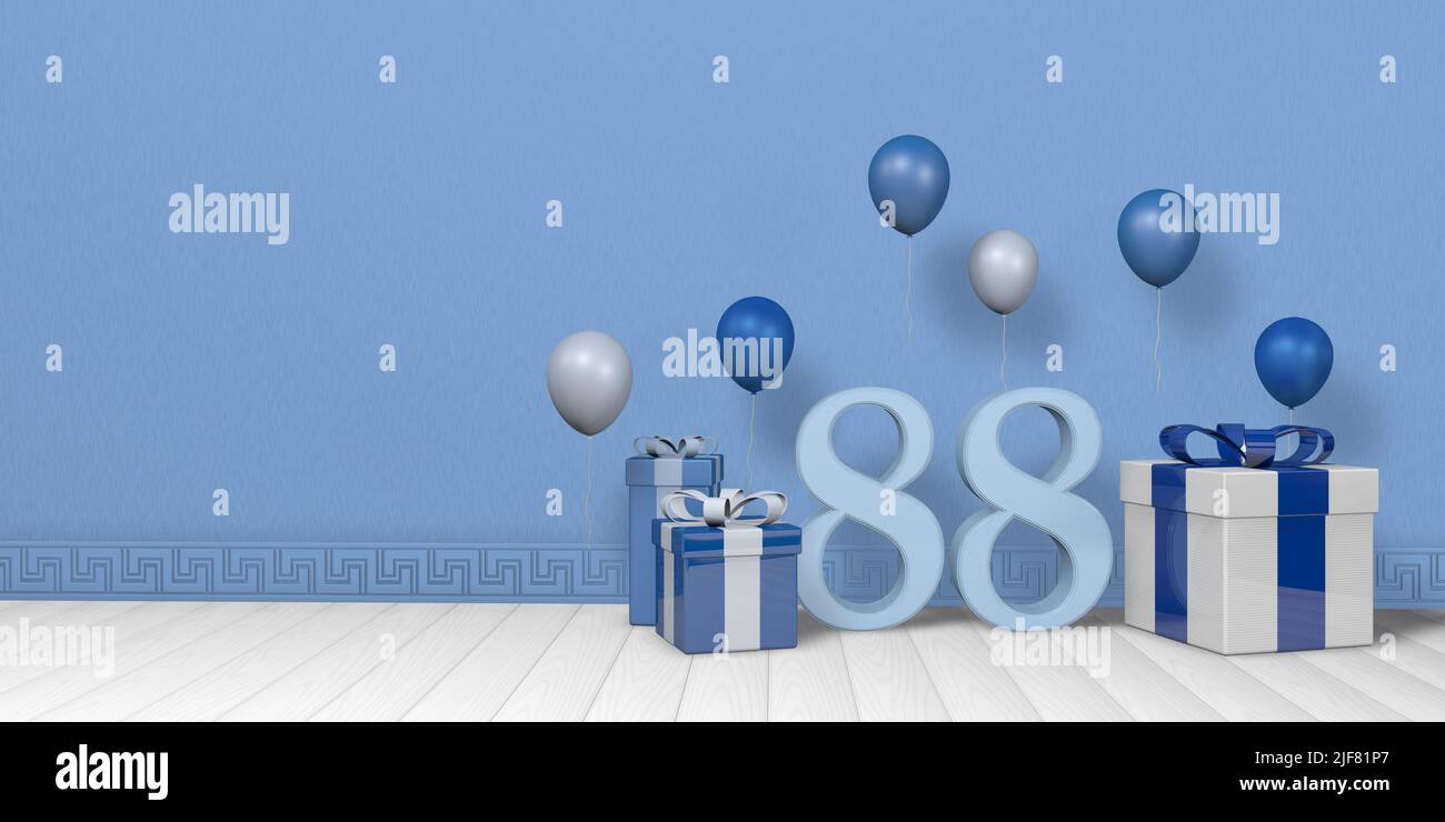 Light blue number 88 among bright blue and white gift boxes adorned ...