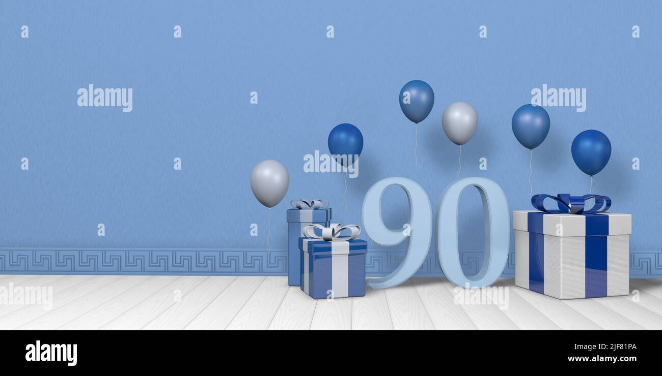 Light blue number 90 among bright blue and white gift boxes adorned ...