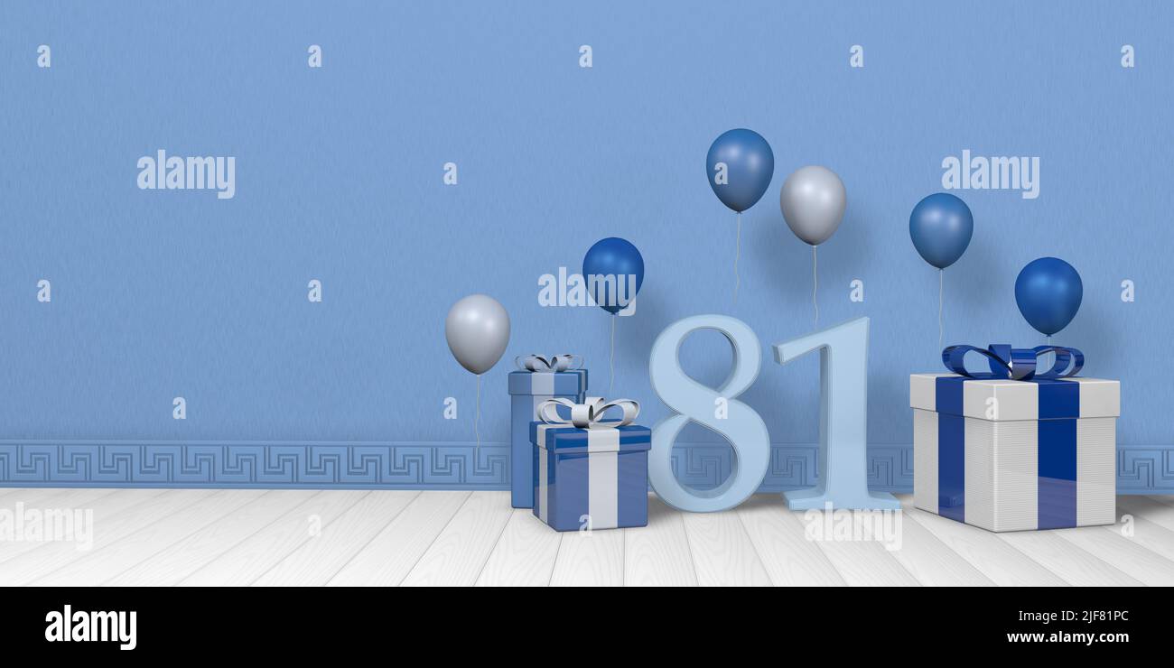 Light blue number 81 among bright blue and white gift boxes adorned ... Light blue number 81 among bright blue and white gift boxes adorned ...